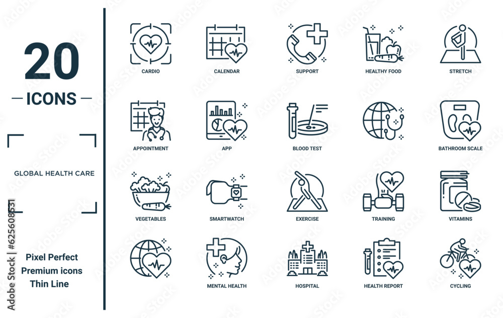 Vettoriale Stock global health care linear icon set. includes thin line ...