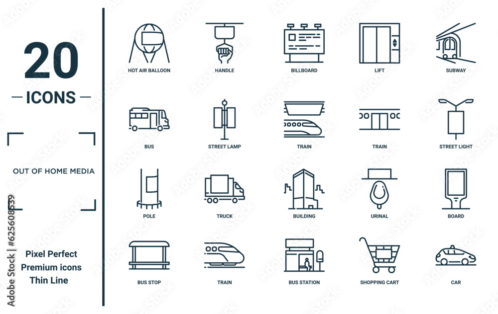 out of home media linear icon set. includes thin line hot air balloon ...