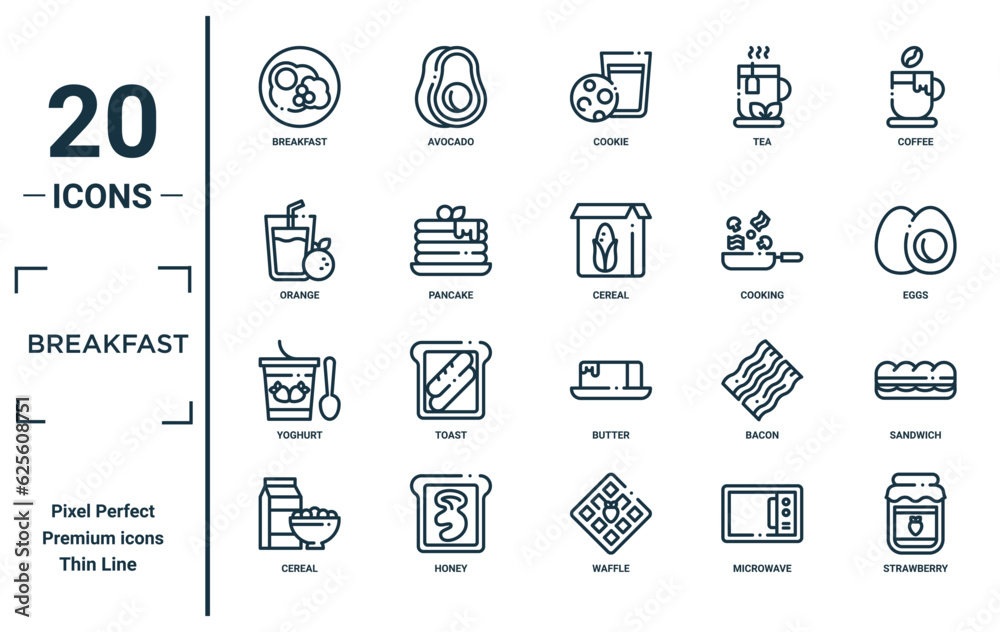 breakfast linear icon set. includes thin line breakfast, orange, yoghurt, cereal, strawberry ...