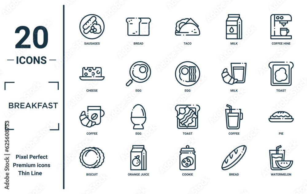 breakfast linear icon set. includes thin line sausages, cheese, coffee ...