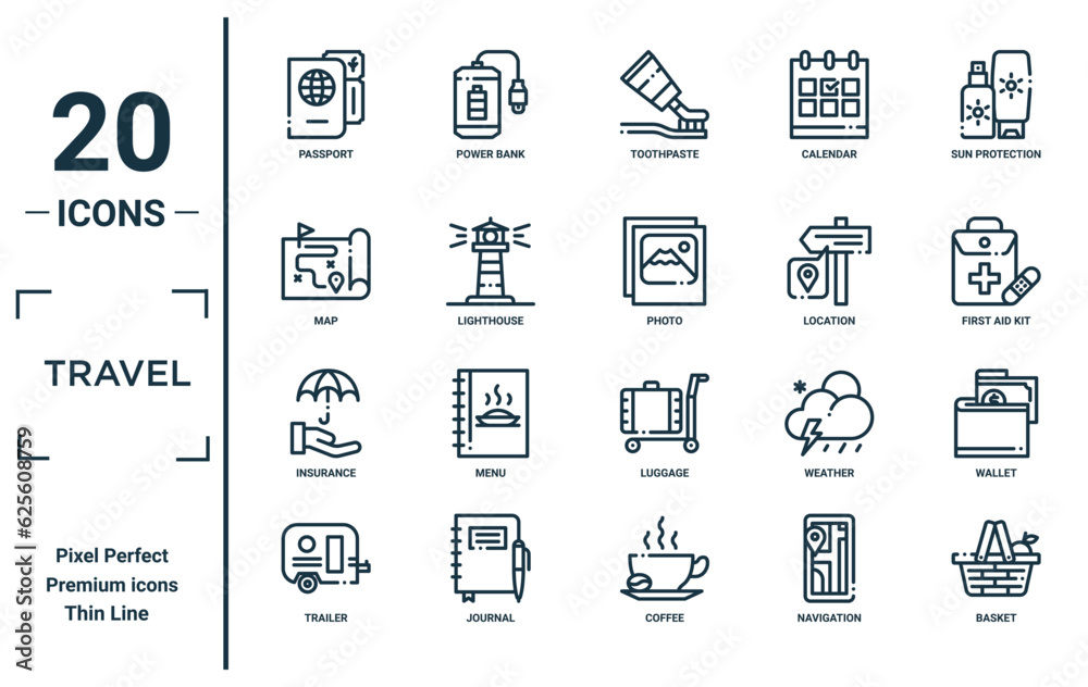 travel linear icon set. includes thin line passport, map, insurance ...