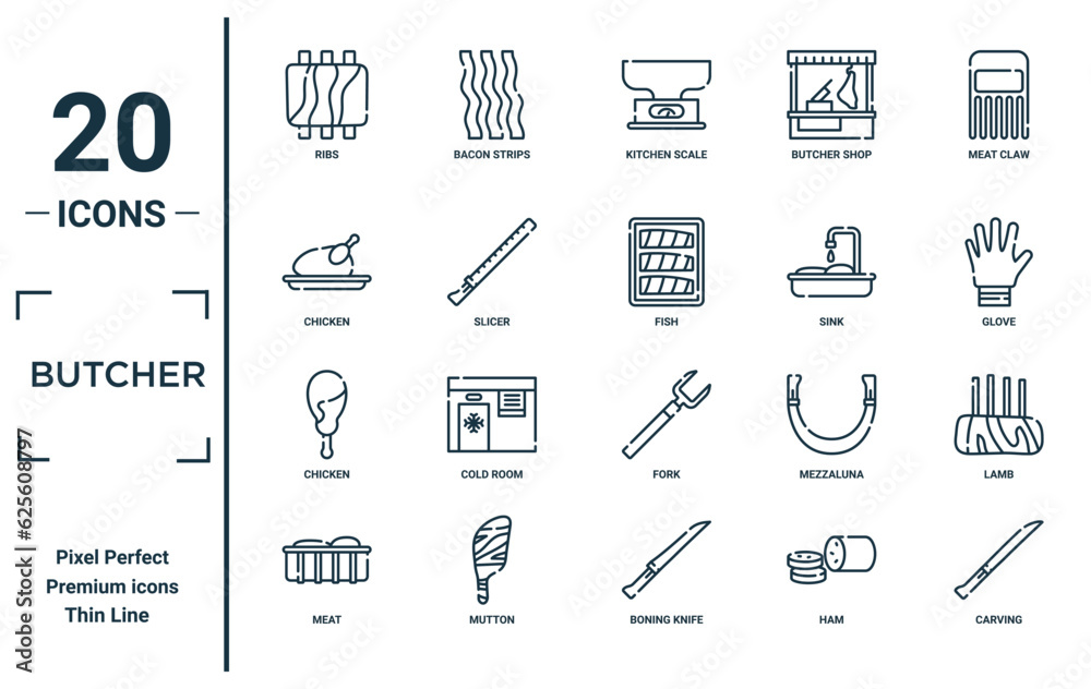 butcher linear icon set. includes thin line ribs, chicken, chicken, meat, carving, fish, lamb ...