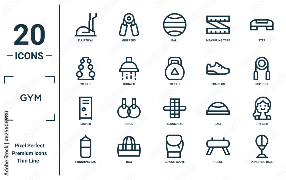 gym linear icon set. includes thin line elliptical, weight, locker ...