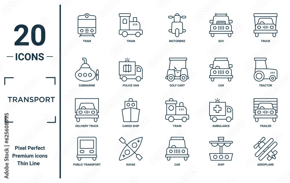 transport linear icon set. includes thin line tram, submarine, delivery ...