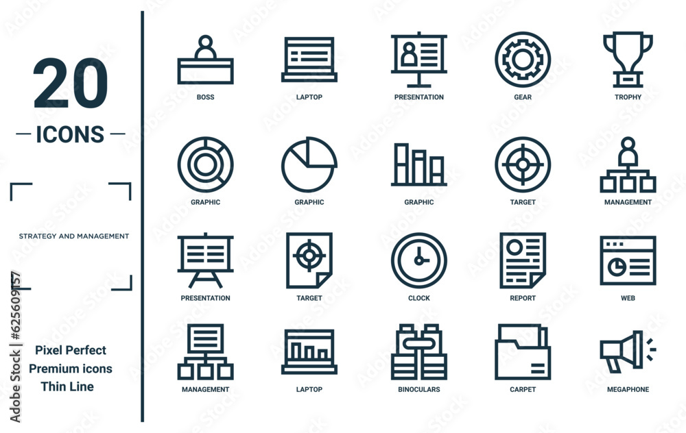 strategy and management linear icon set. includes thin line boss, graphic, presentation ...