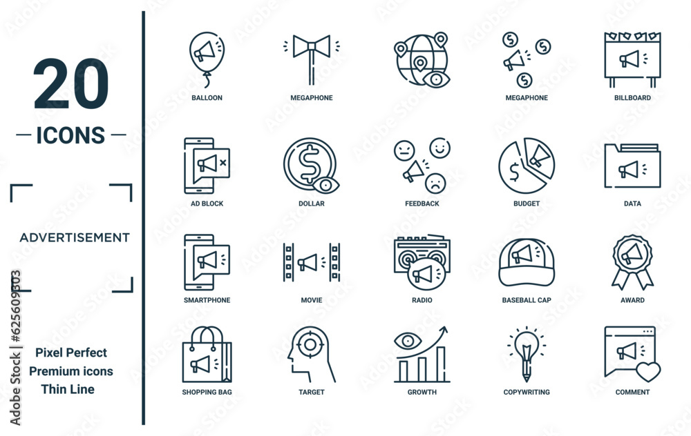 advertisement linear icon set. includes thin line balloon, ad block ...