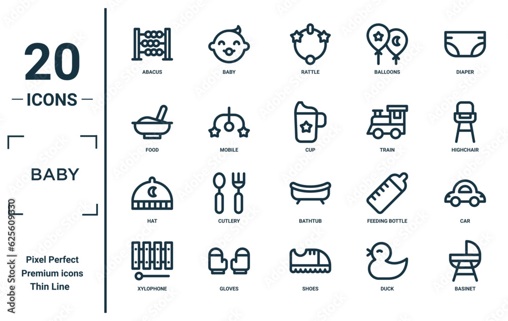 baby linear icon set. includes thin line abacus, food, hat, xylophone ...