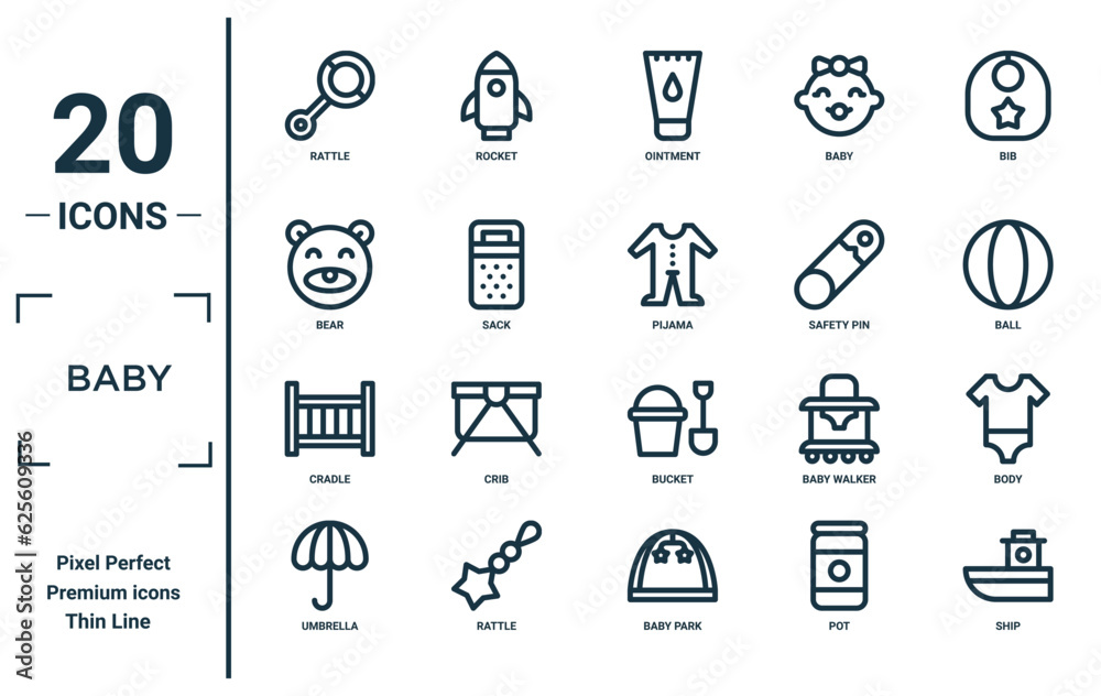 baby linear icon set. includes thin line rattle, bear, cradle, umbrella ...