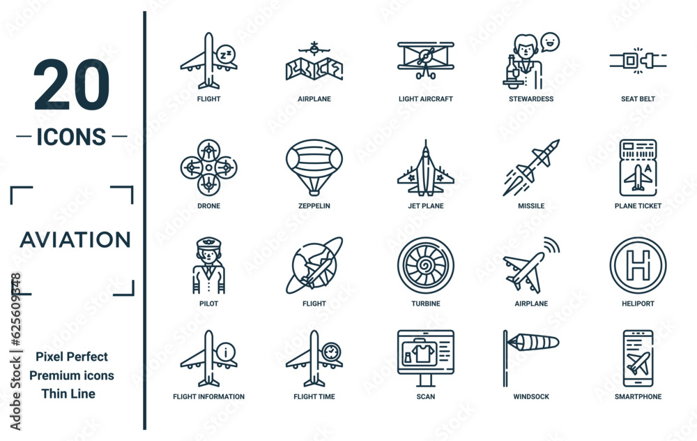 aviation linear icon set. includes thin line flight, drone, pilot ...
