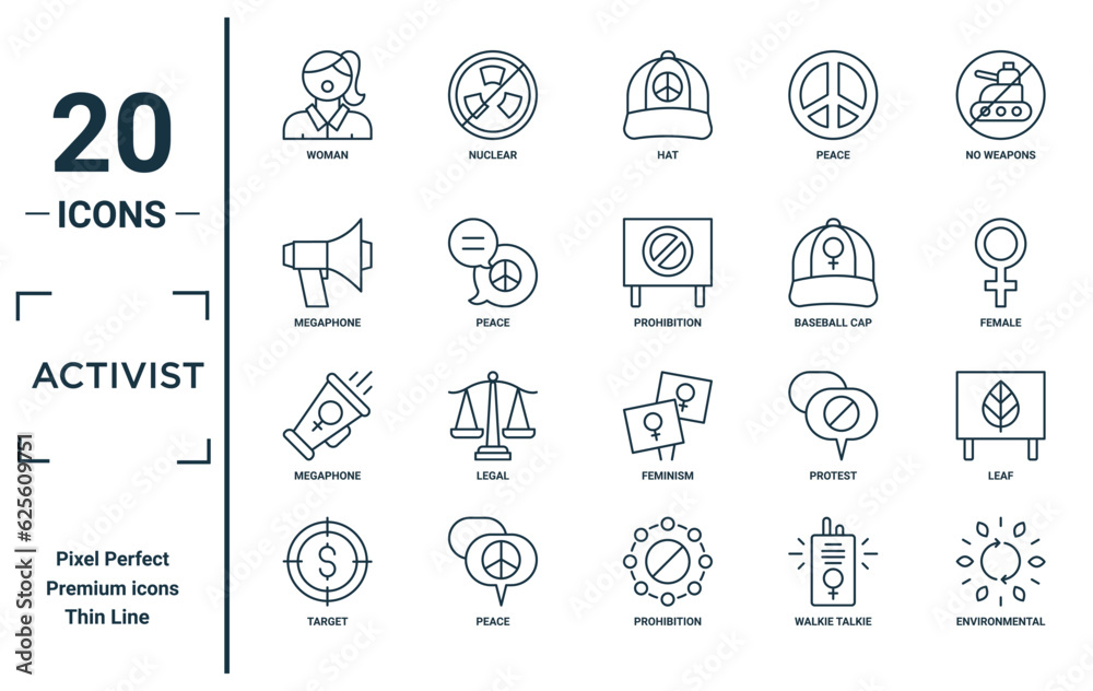 activist linear icon set. includes thin line woman, megaphone ...