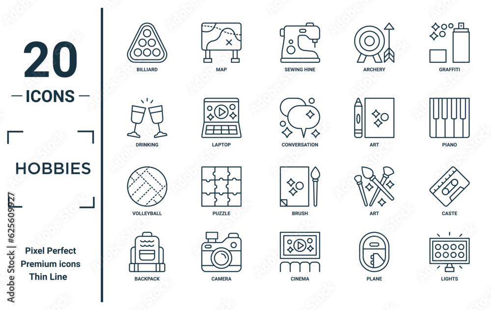 hobbies linear icon set. includes thin line billiard, drinking ...