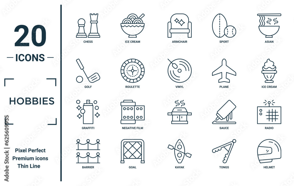 hobbies linear icon set. includes thin line chess, golf, graffiti ...