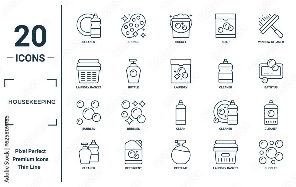 housekeeping linear icon set. includes thin line cleaner, laundry ...