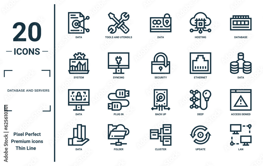 database and servers linear icon set. includes thin line data, system ...
