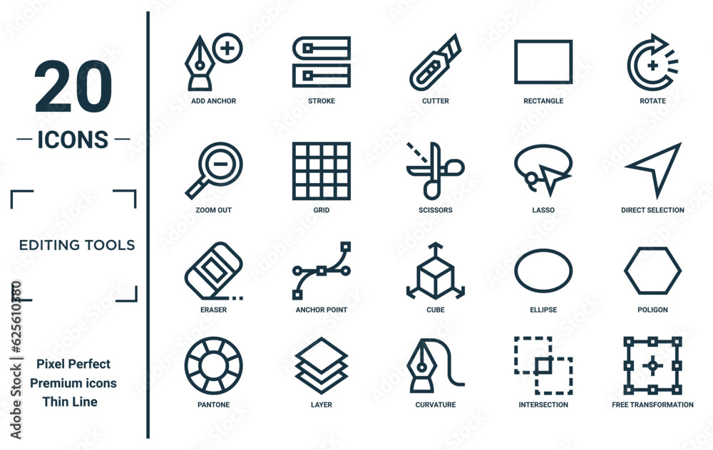 editing tools linear icon set. includes thin line add anchor, zoom out ...