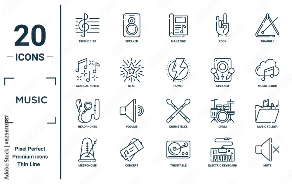 music linear icon set. includes thin line treble clef, musical notes ...