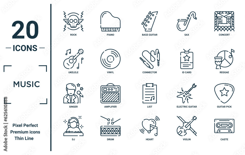 music linear icon set. includes thin line rock, ukelele, singer, dj ...