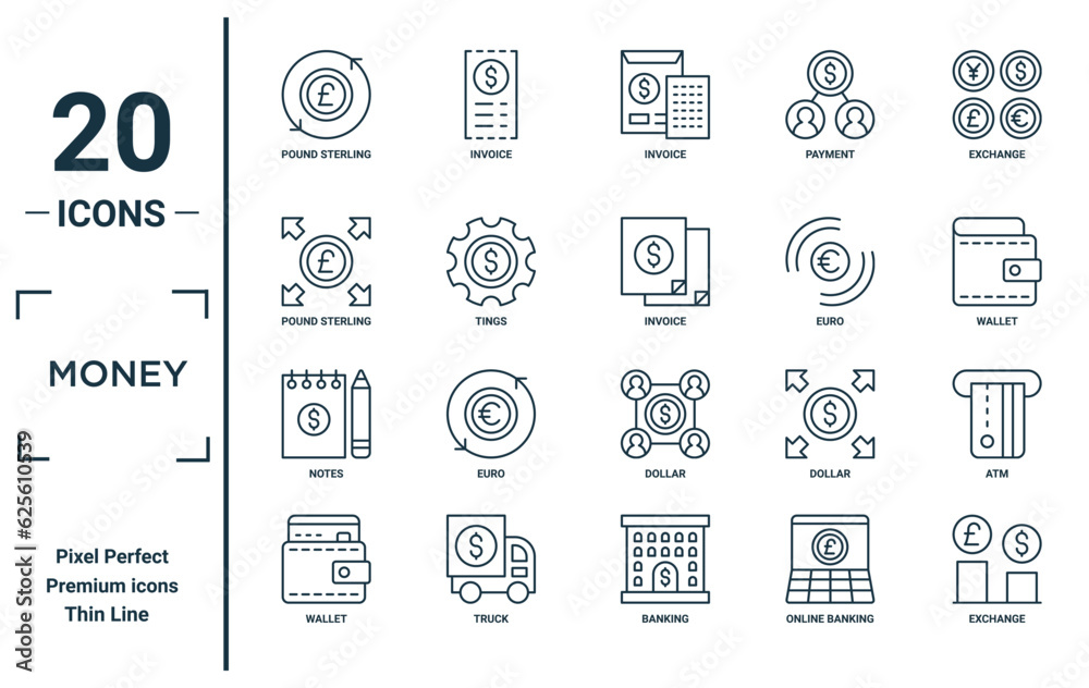 money linear icon set. includes thin line pound sterling, pound ...