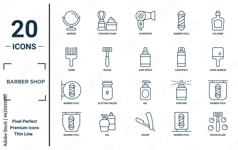 barber shop linear icon set. includes thin line mirror, comb, barber ...
