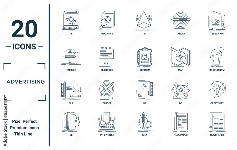 advertising linear icon set. includes thin line de, hammer, file, de, newspaper, aorithm ...