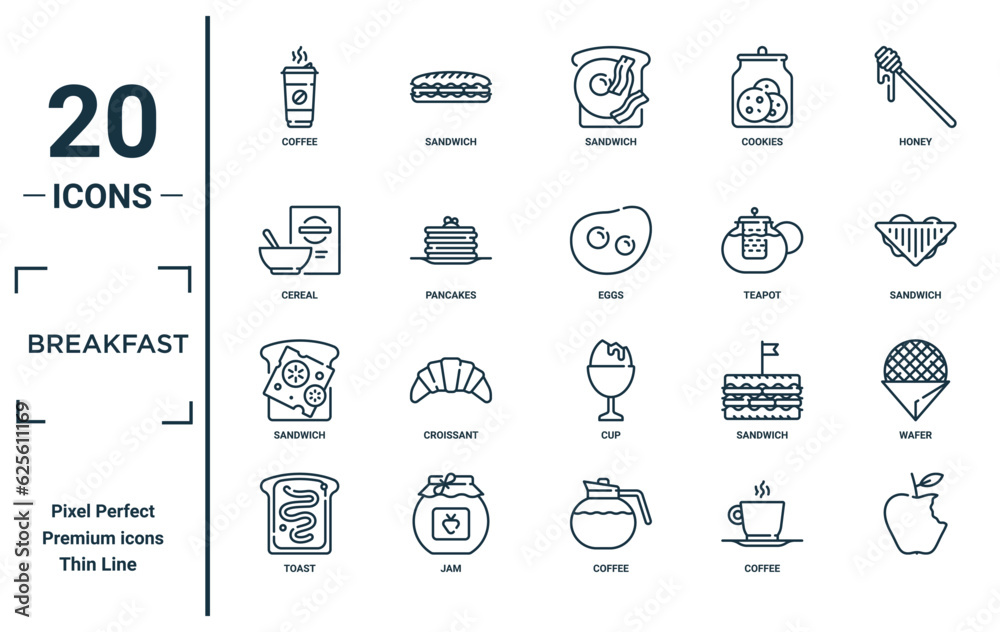 breakfast linear icon set. includes thin line coffee, cereal, sandwich ...