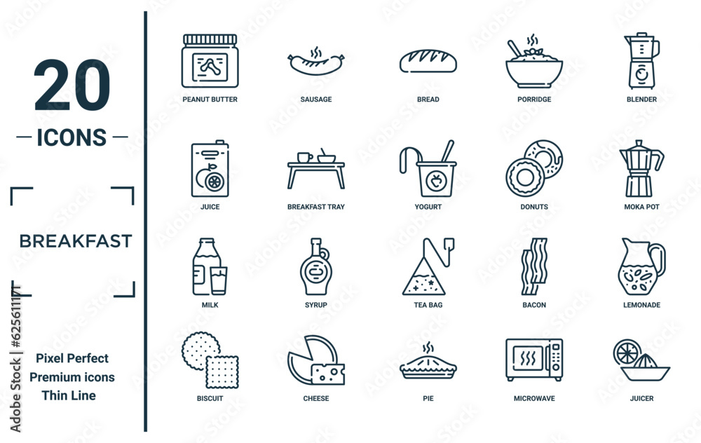 breakfast linear icon set. includes thin line peanut butter, juice ...