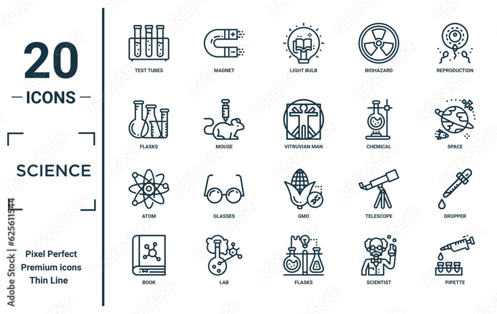 science linear icon set. includes thin line test tubes, flasks, atom ...