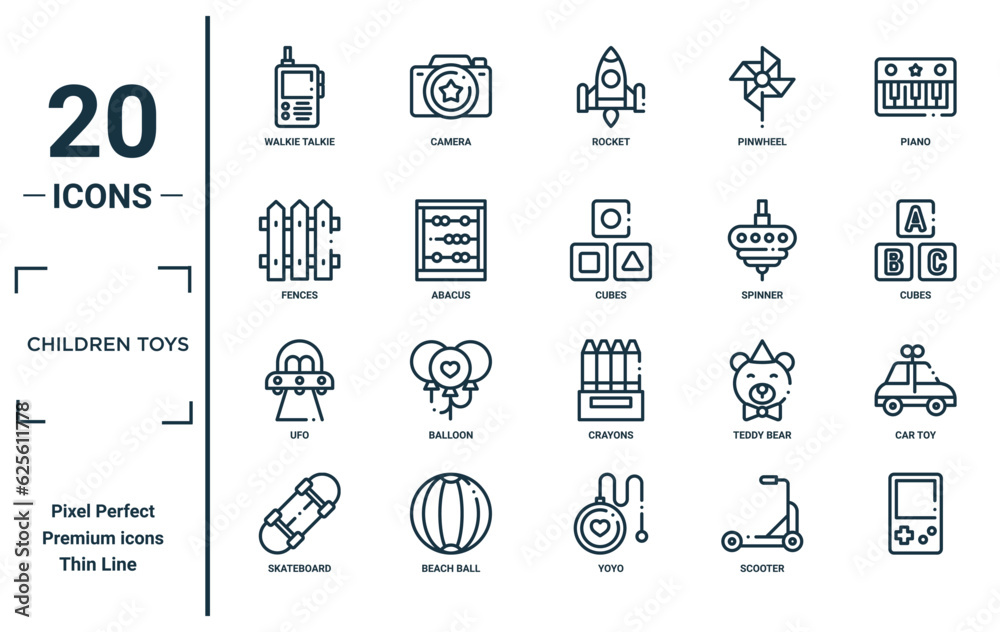 children toys linear icon set. includes thin line walkie talkie, fences, ufo, skateboard ...