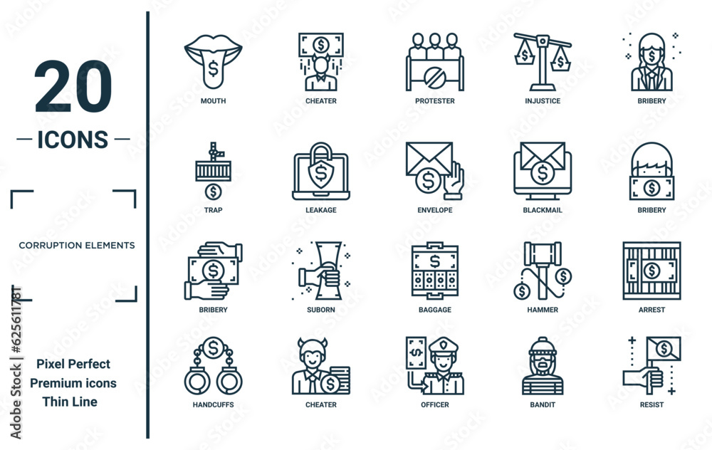 corruption elements linear icon set. includes thin line mouth, trap ...