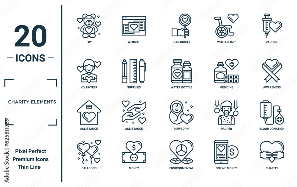 charity elements linear icon set. includes thin line toy, volunteer ...