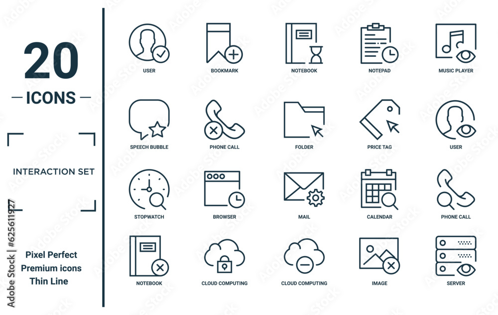 interaction set linear icon set. includes thin line user, speech bubble, stopwatch, notebook ...