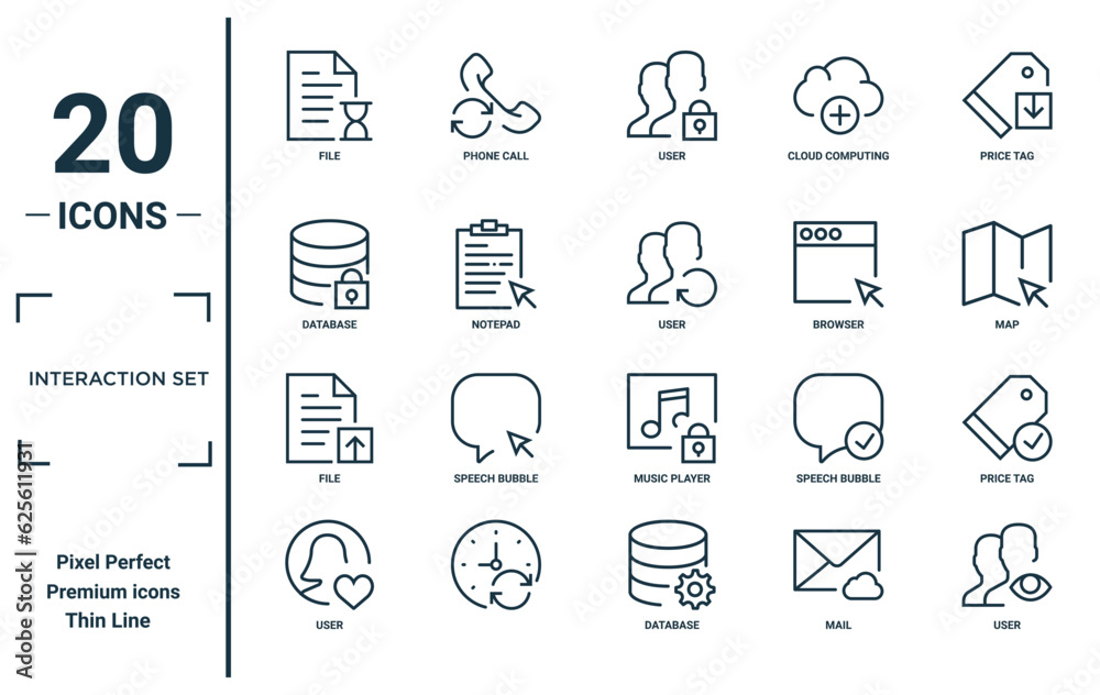 interaction set linear icon set. includes thin line file, database, file, user, user, user ...