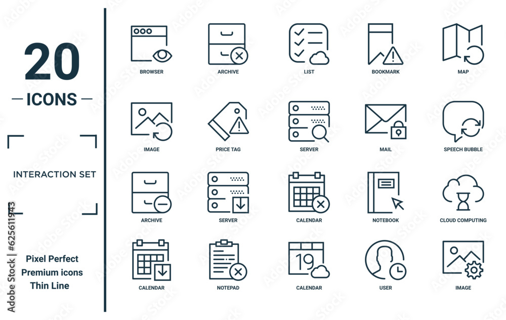 interaction set linear icon set. includes thin line browser, image, archive, calendar, image ...