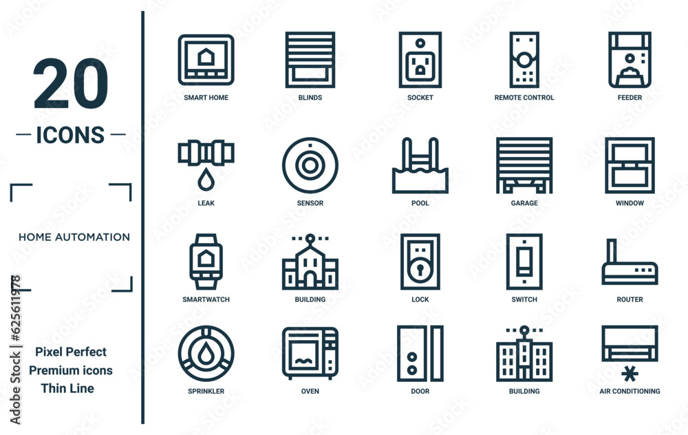 home automation linear icon set. includes thin line smart home, leak, smartwatch, sprinkler, air ...
