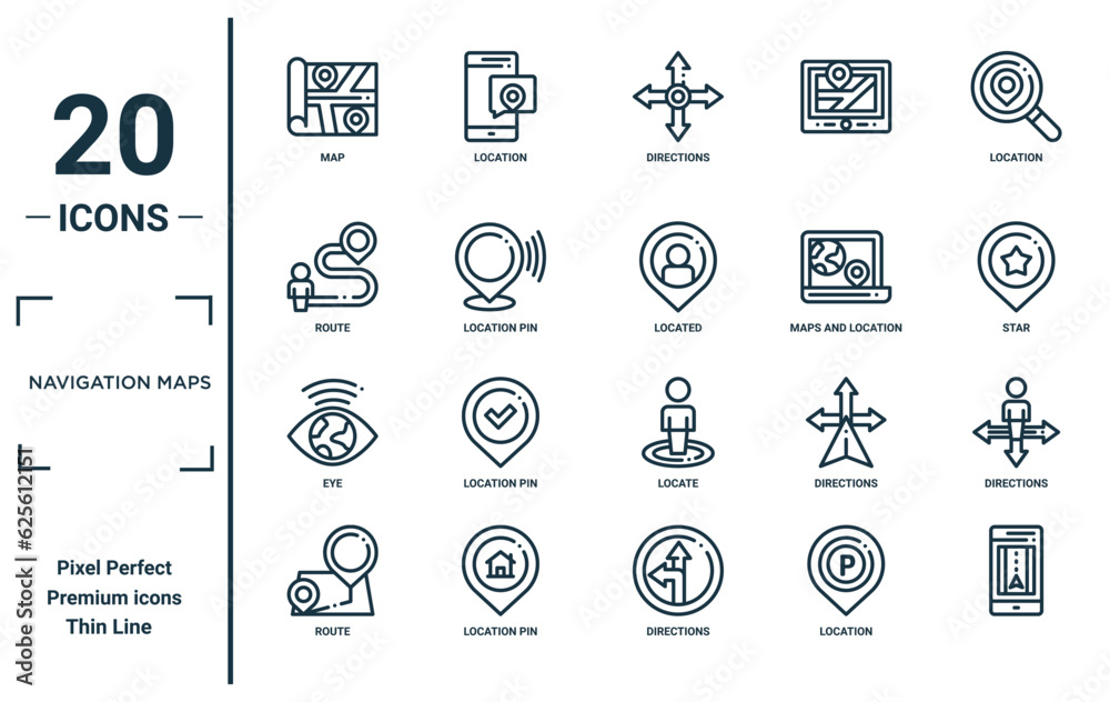 navigation maps linear icon set. includes thin line map, route, eye ...