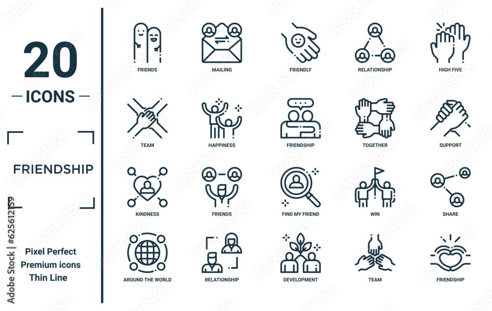 friendship linear icon set. includes thin line friends, team, kindness ...