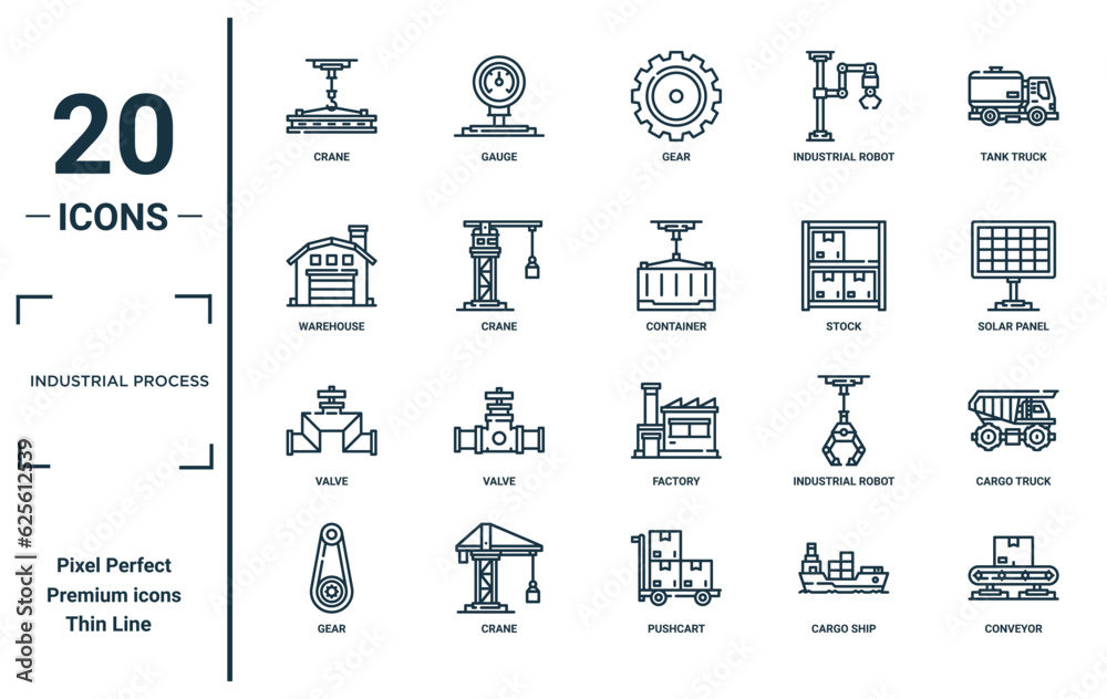 industrial process linear icon set. includes thin line crane, warehouse ...