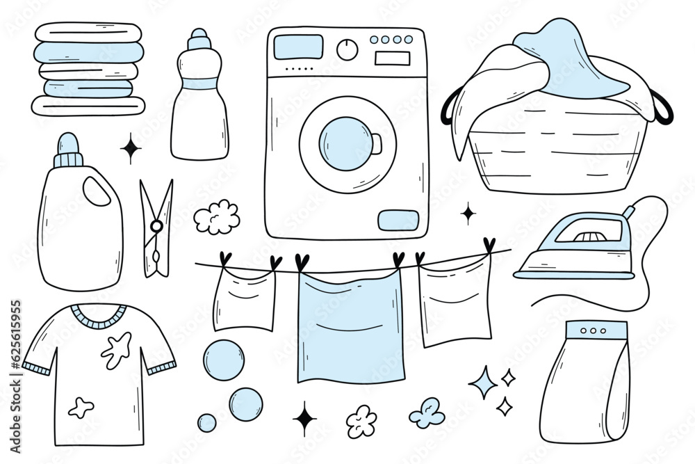 Set of laundry items in doodle style. Linear collection of laundry items. Vector illustration ...