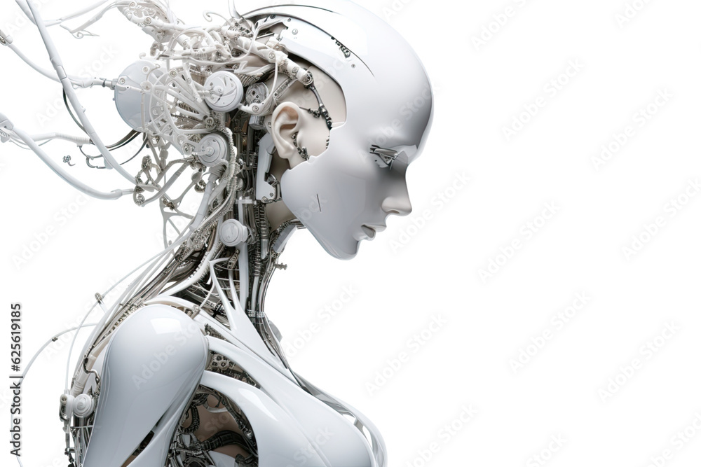 white robot android with insides exposed abstract futuristic background ...