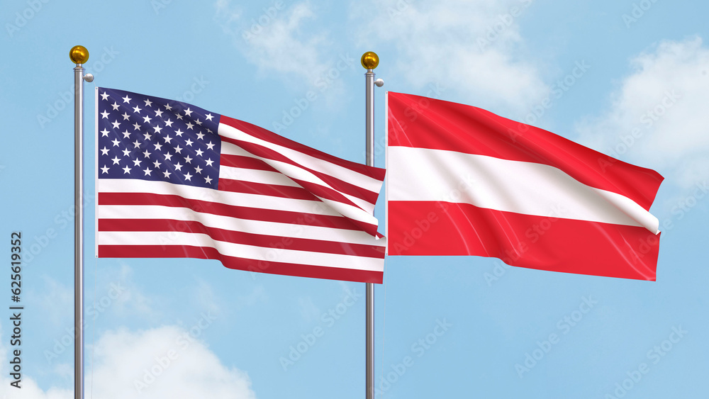 Waving flags of the United States of America and Austria on sky ...