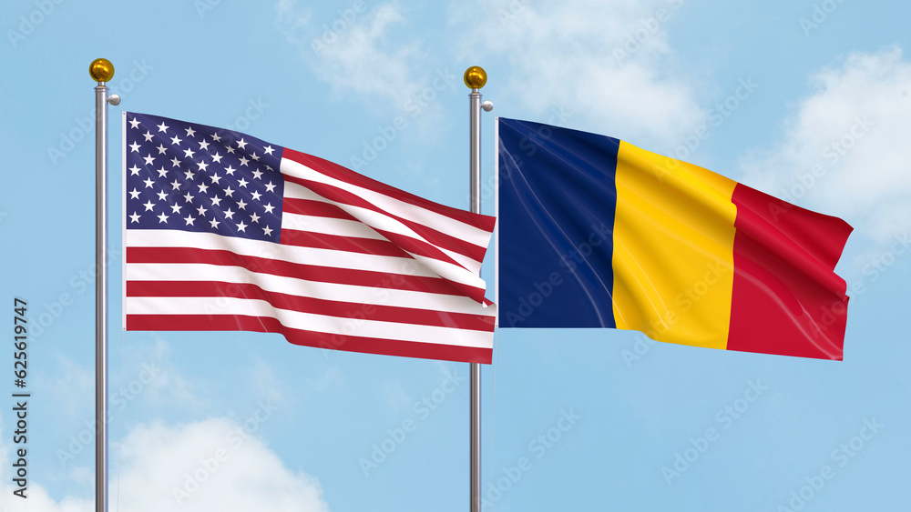 Waving flags of the United States of America and Chad on sky background ...