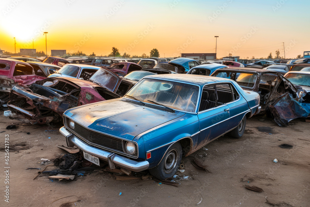 Discarded cars in a vast automotive landfill highlight the issue of ...