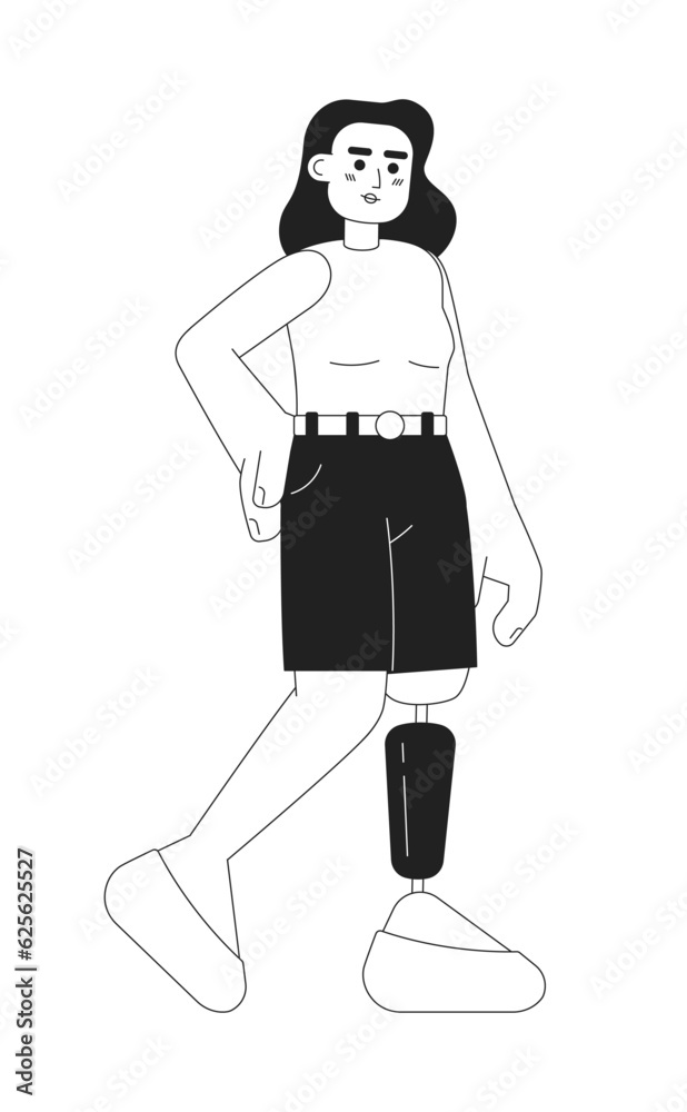 Woman with bionic leg prothesismonochromatic flat vector character ...
