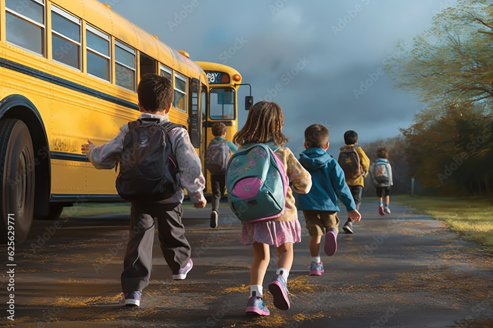 kids children running back to school yellow school bus Stock Photo ...