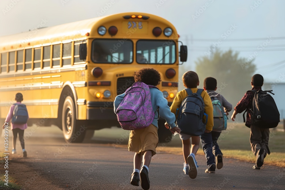 kids children running back to school yellow school bus Stock Photo ...