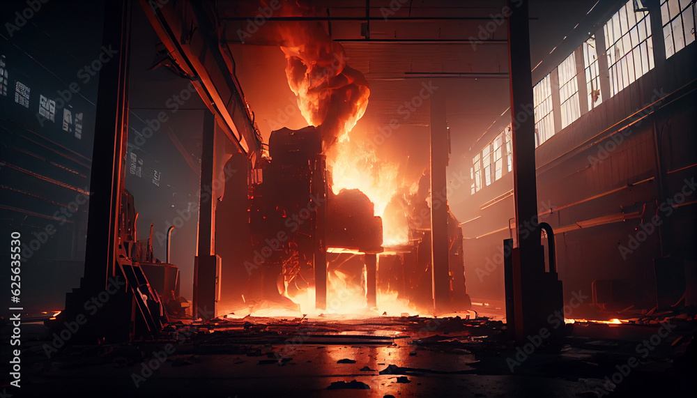 Raging inferno inside an industrial structure, fire in the fireplace Ai ...