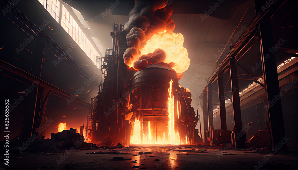 Raging inferno inside an industrial structure, fire in the fireplace Ai ...