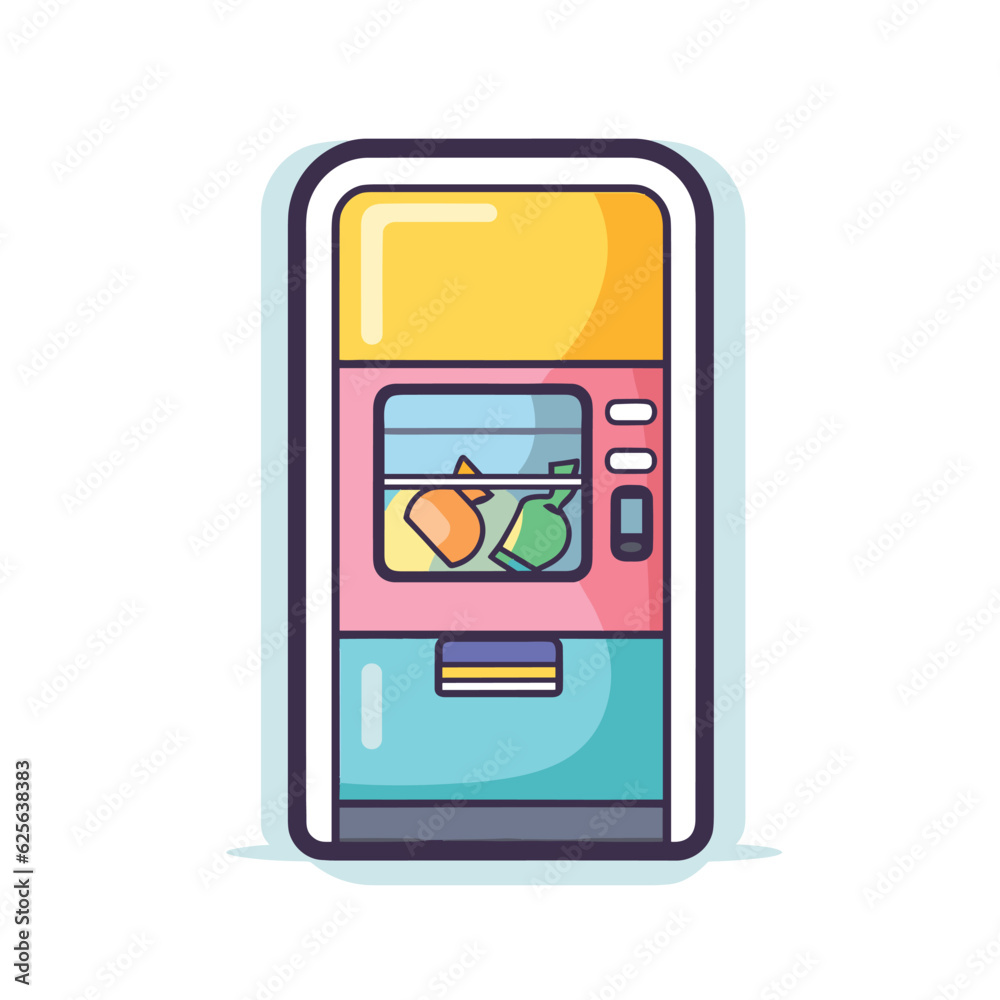 Vector of a vibrant vending machine on a table, offering a variety of colorful snacks and drinks ...