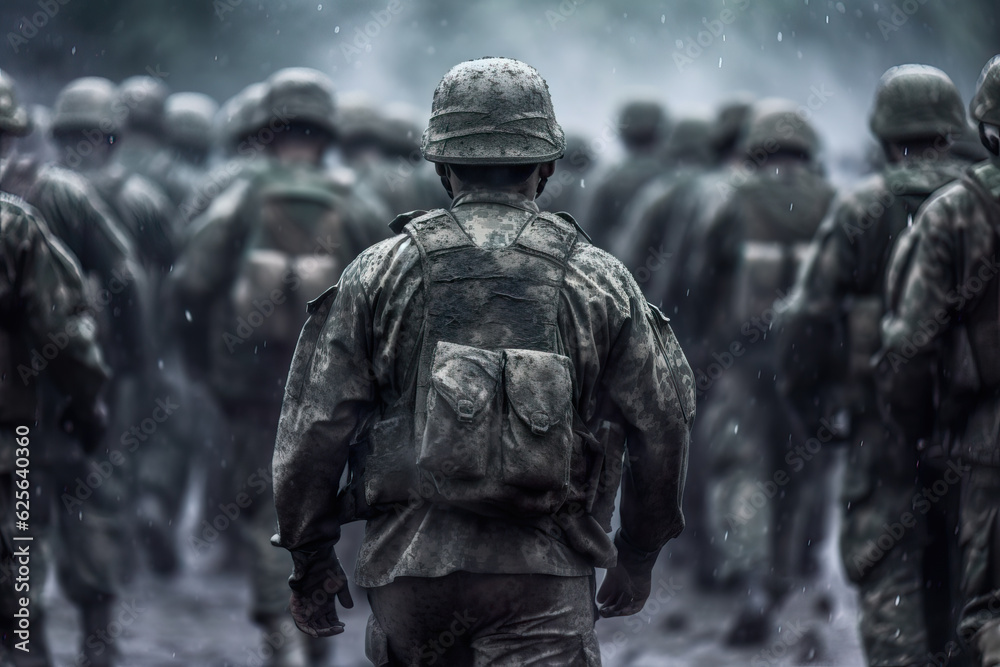Generative AI illustration of back view company of soldiers in military ...