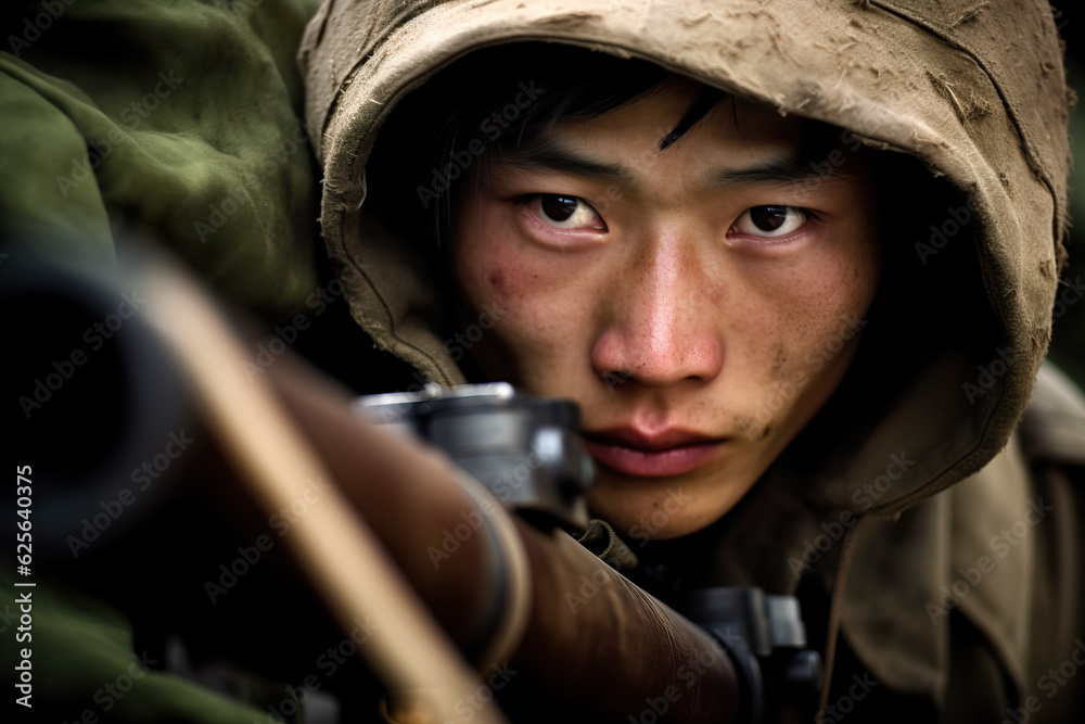 Generative AI illustration portrait of concentrated young Asian soldier ...